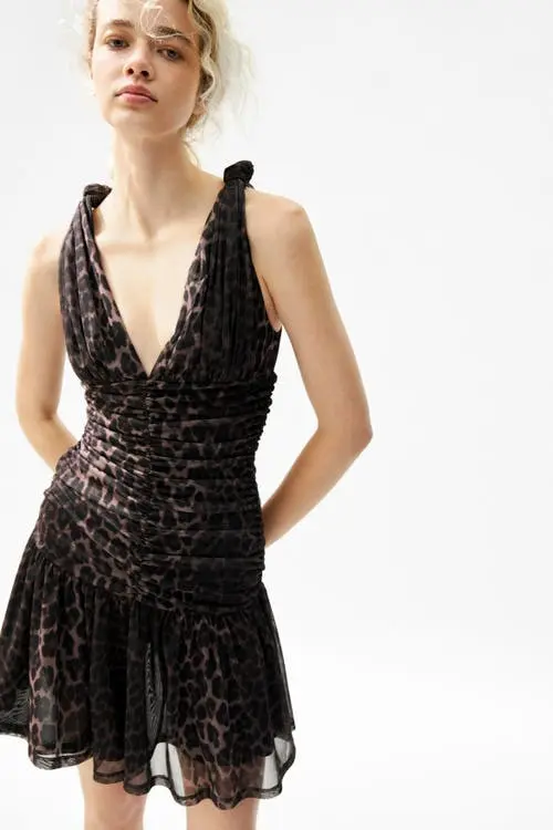 H&m Ruched Flared-skirt Dress - Black/leopard Print