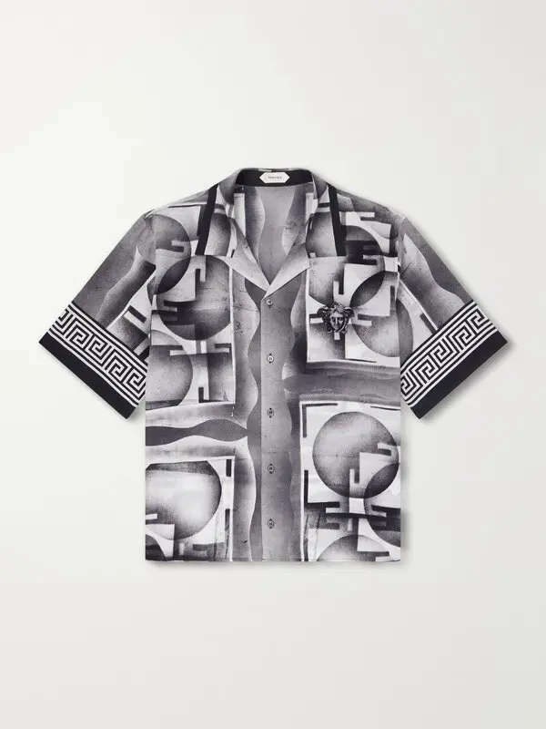 Versace Camp-collar Printed Silk-crepe De Chine Shirt - Black