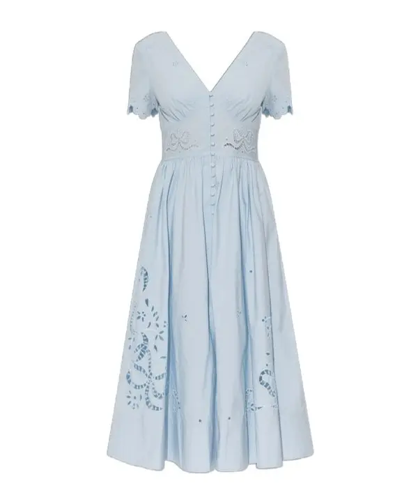 SELF-PORTRAIT Embroidered Midi Dress With Deep V-neck And Pockets - Blue