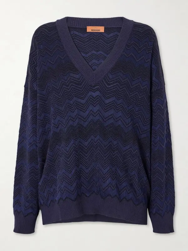 Missoni Striped Crochet-knit V-neck Sweater - Blue