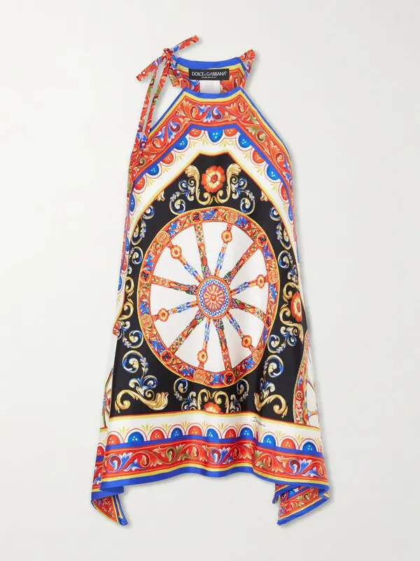 Dolce & Gabbana Carretto Print Halterneck Satin Top - Red