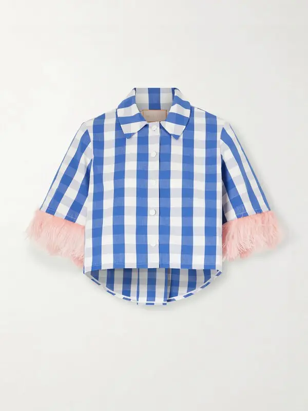 MARTA FERRI Cropped Checked Cotton-blend Blouse With Feather Trim