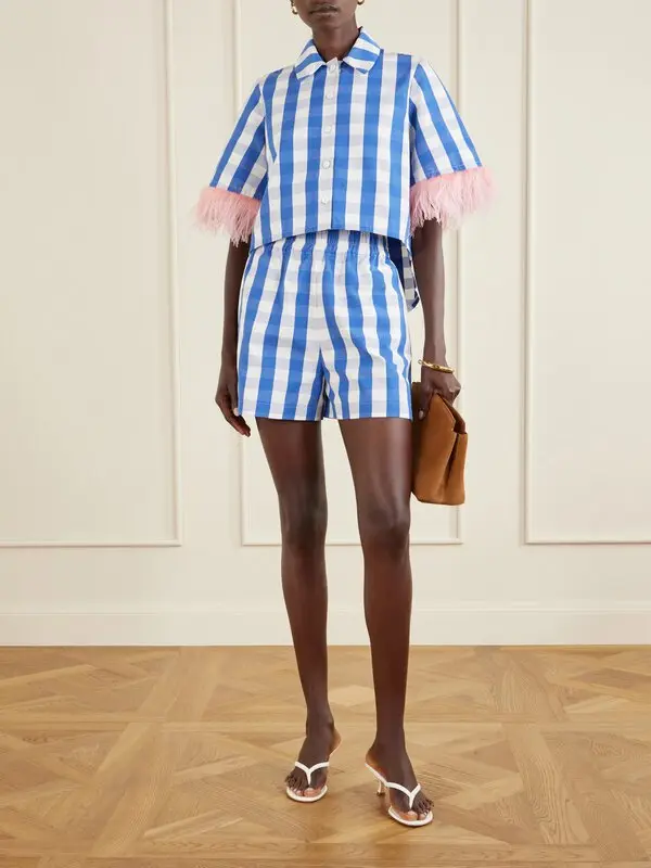 MARTA FERRI Cropped Checked Cotton-blend Blouse With Feather Trim