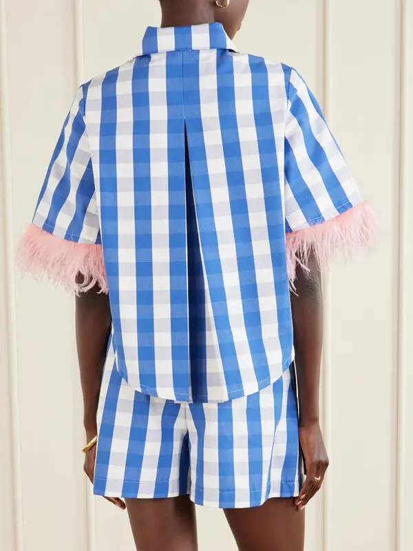 MARTA FERRI Cropped Checked Cotton-blend Blouse With Feather Trim