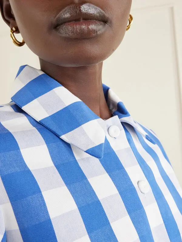MARTA FERRI Cropped Checked Cotton-blend Blouse With Feather Trim