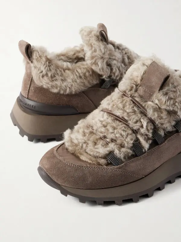 Brunello Cucinelli Bead-embellished Shearling-trimmed Suede High Top Sneakers