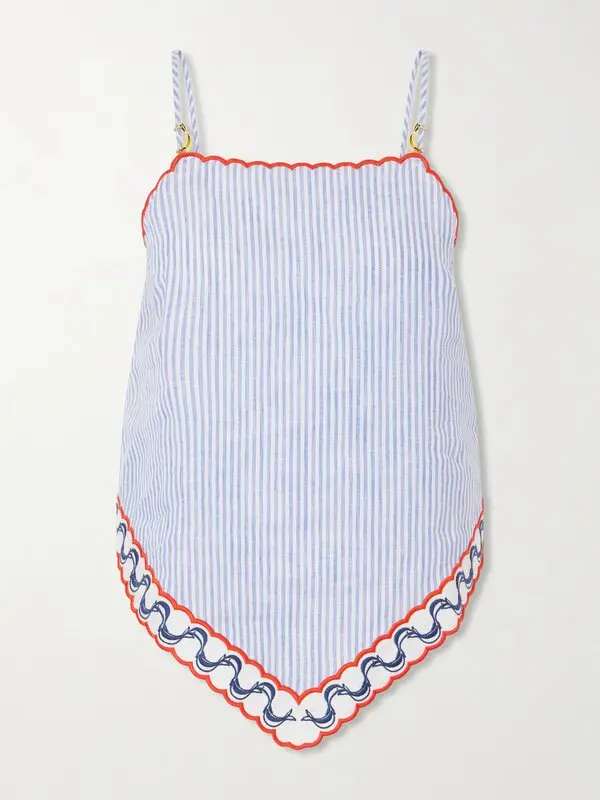 Farm Rio Embroidered Striped Linen Coverup - Blue