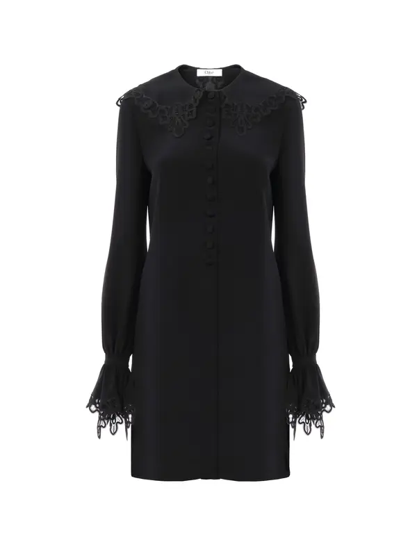 Chloé Long-sleeve Mini Dress In Crêpe De Chine And Lace - Black