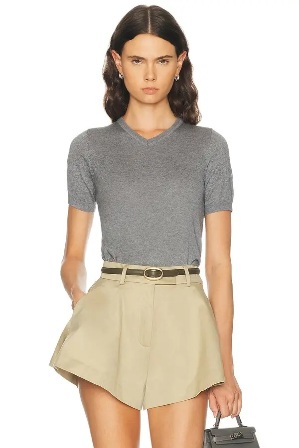 Renggli Silk Cashmere V-neck Knit Tee In Cream - Pebble