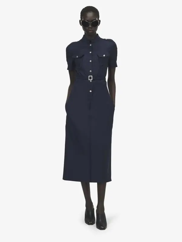 Alexander McQueen Wool Gabardine Uniform Midi Dress - Indigo