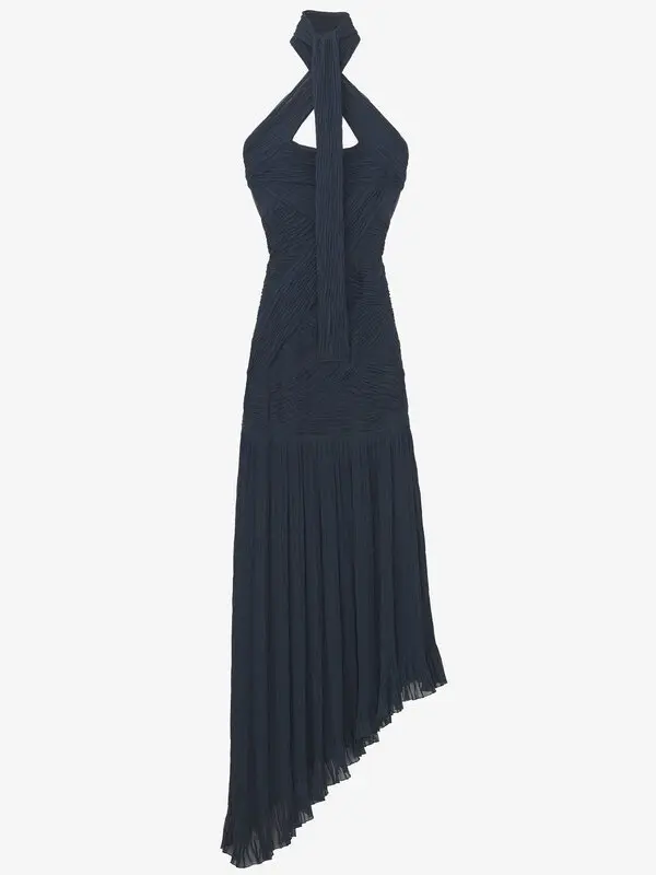 Alexander McQueen Asymmetric Ruched Halterneck Dress - Navy