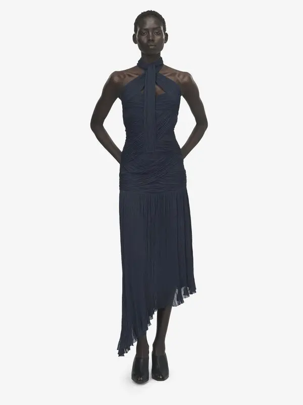 Alexander McQueen Asymmetric Ruched Halterneck Dress - Navy