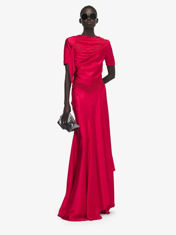 Alexander McQueen Flame Crêpe Back Satin Evening Dress With Lace Trim