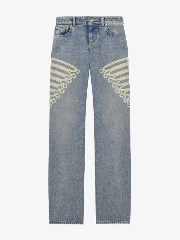 Alexander McQueen Metallic Frogging Straight Leg Jeans - Washed Blue