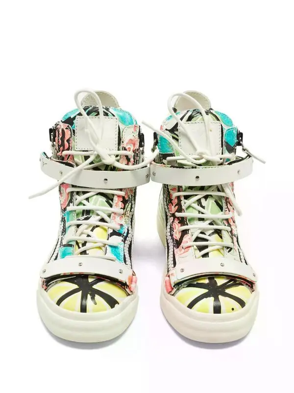 GIUSEPPE ZANOTTI Floral-painted Leather High-top Sneakers