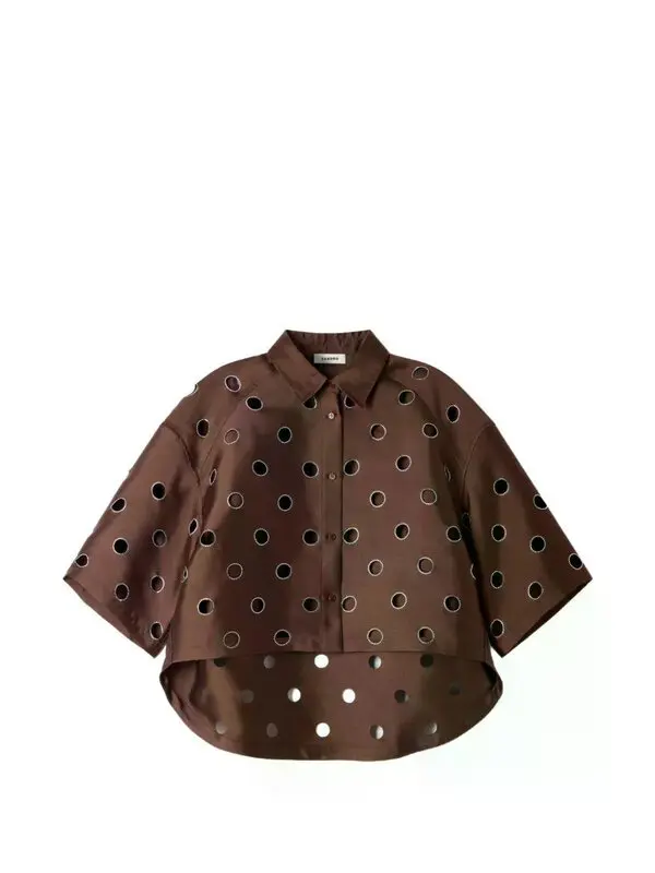 Sandro Oversized Satin Shirt With Eyelet Embellishments - Brown