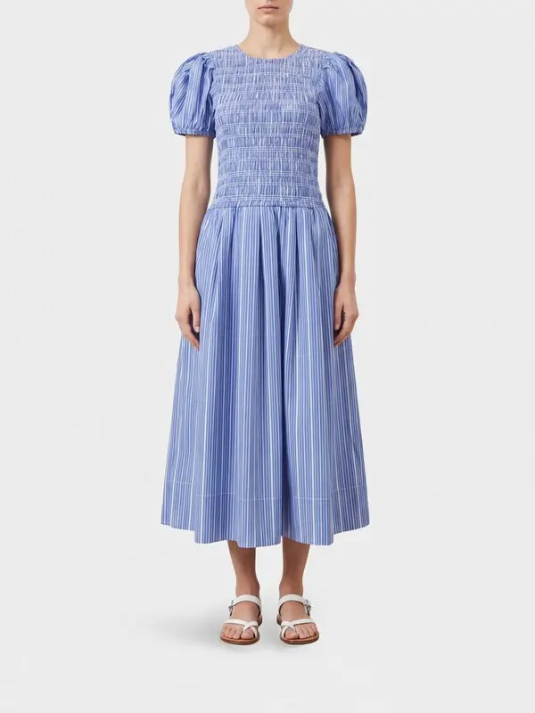 GANNI Striped Cotton Midi Dress With Puff Sleeves - Navy