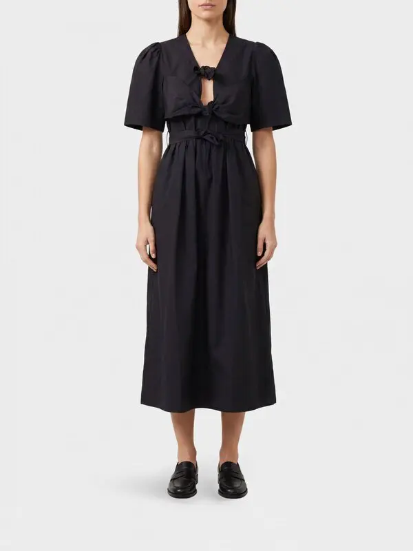 GANNI Stretch Cotton Midi Shirt Dress With Puff Sleeves And V-neck - Black