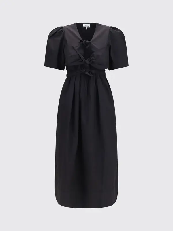 GANNI Stretch Cotton Midi Shirt Dress With Puff Sleeves And V-neck - Black