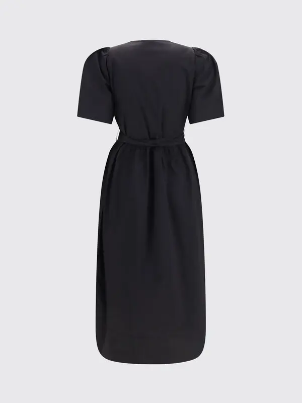 GANNI Stretch Cotton Midi Shirt Dress With Puff Sleeves And V-neck - Black