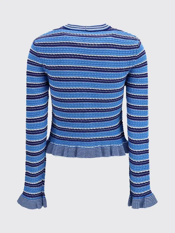 GANNI Striped Cotton V-neck Cardigan With Ruffle Hem - Marine