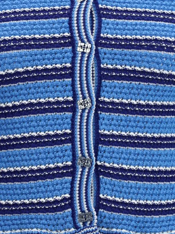 GANNI Striped Cotton V-neck Cardigan With Ruffle Hem - Marine