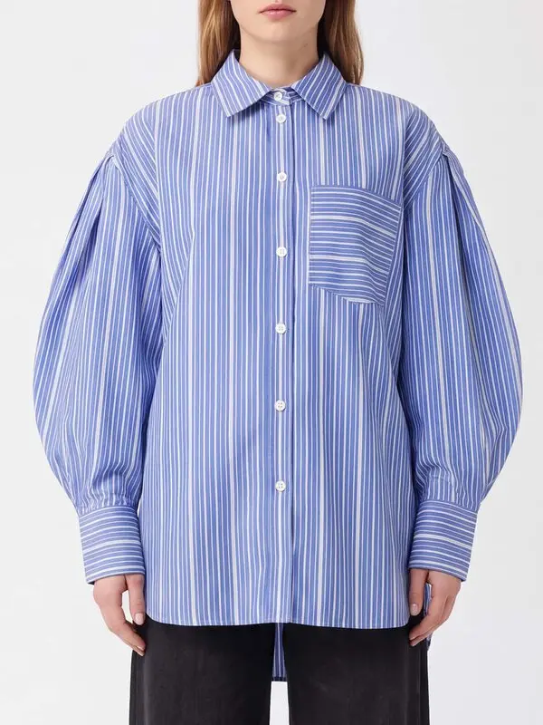 GANNI Striped Cotton Shirt With Balloon Sleeves - Blue