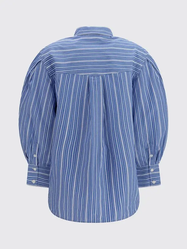 GANNI Striped Cotton Shirt With Balloon Sleeves - Navy