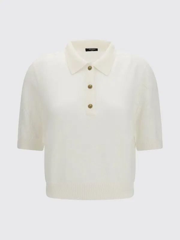 Balmain Short-sleeved Knitted Polo Shirt In Pure Merino Wool - White