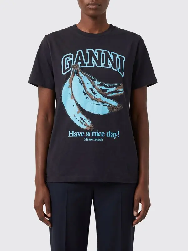 GANNI Slim Fit Cotton T-shirt With Graphic Print - Charcoal