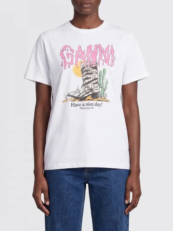 GANNI Slim Fit Cotton T-shirt With Graphic Print - White