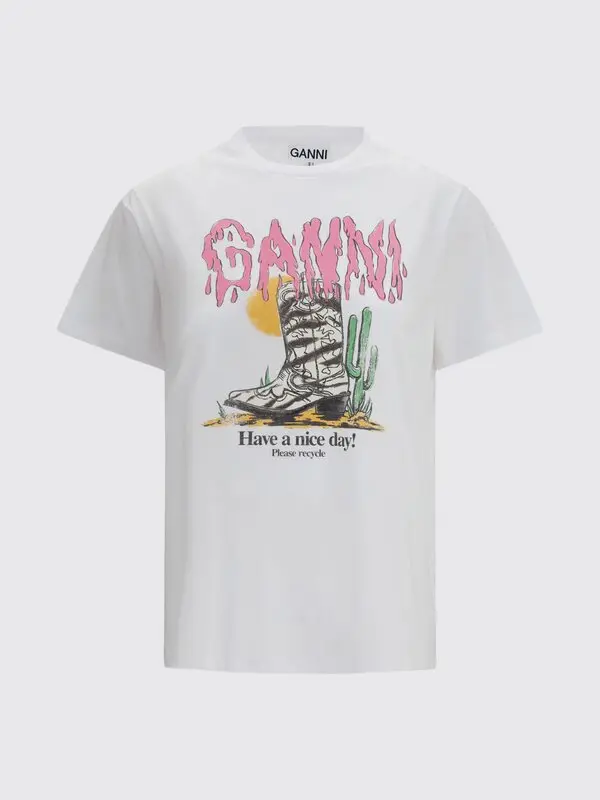 GANNI Slim Fit Cotton T-shirt With Graphic Print - White