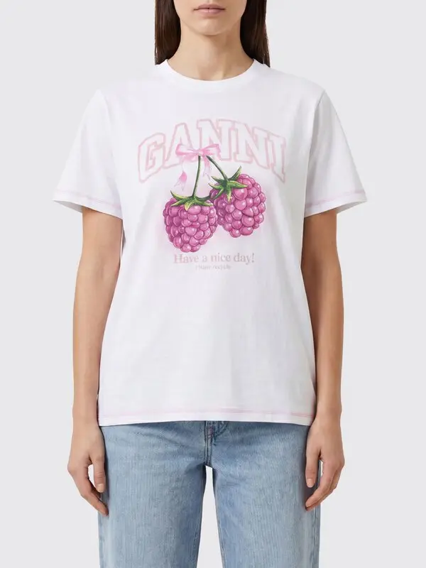 GANNI Slim Fit Cotton T-shirt With Fruit Logo Print - White