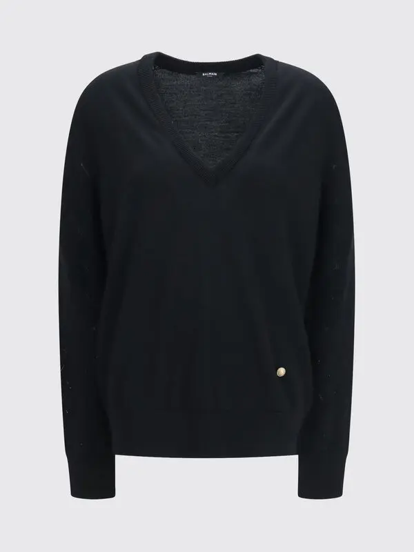 Balmain Pure Merino Wool V-neck Jumper With Applied Logo - Black