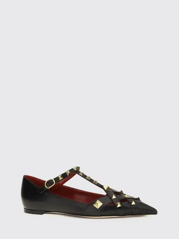 Valentino Garavani Studdy T-strap Studded Sheepskin Ballet Flats - Black