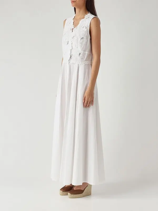 Ermanno Scervino Sleeveless V-neck Cotton Maxi Dress With Macramé Lace Inserts