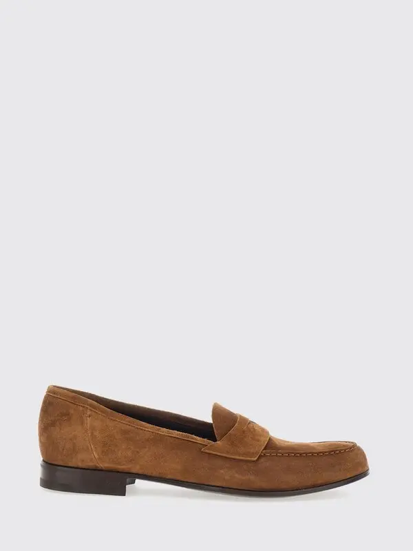 LIDFORT Suede Calfskin Loafers With Saddle Strap - Cocoa