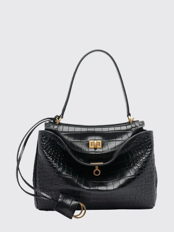 Balenciaga Calf Leather Crocodile Print Handbag - Black