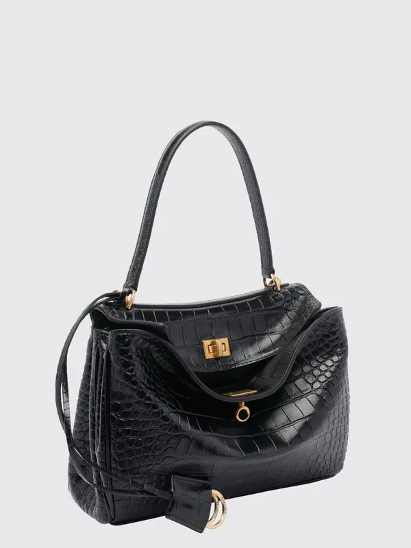 Balenciaga Calf Leather Crocodile Print Handbag - Black
