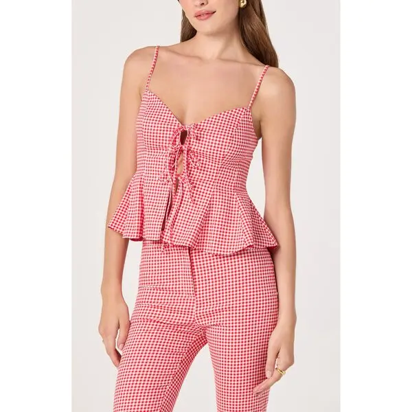 Astr The Label Alma Stretch Cotton Gingham Top - Red Gingham