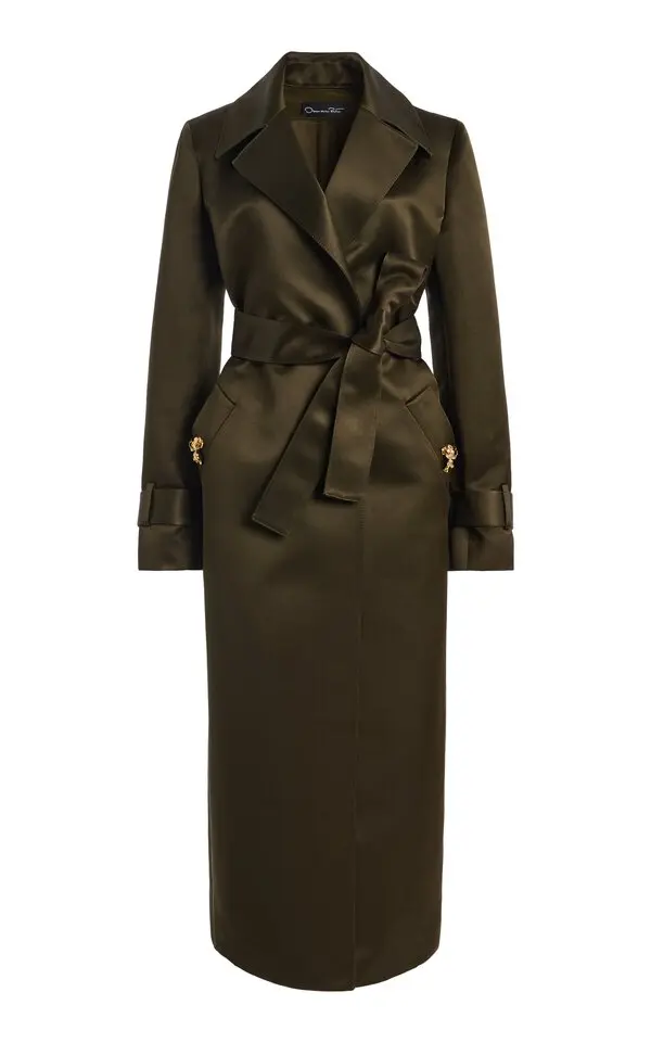 Oscar De La Renta Long-sleeve Silk-satin Gabardine Coat - Olive