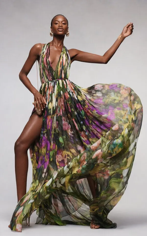 Oscar De La Renta Abstract Landscape Pleated Chiffon Gown