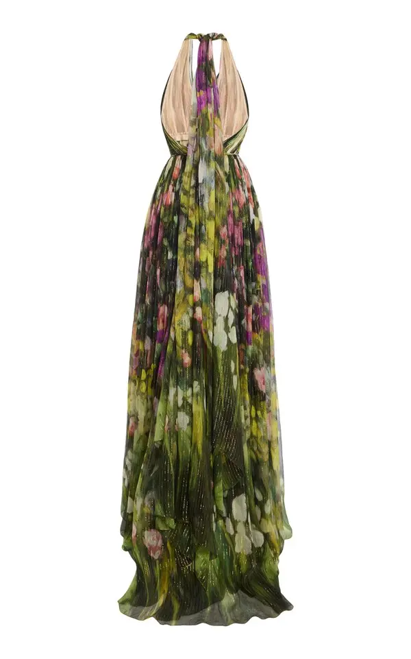 Oscar De La Renta Abstract Landscape Pleated Chiffon Gown