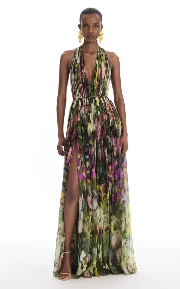 Oscar De La Renta Abstract Landscape Pleated Chiffon Gown