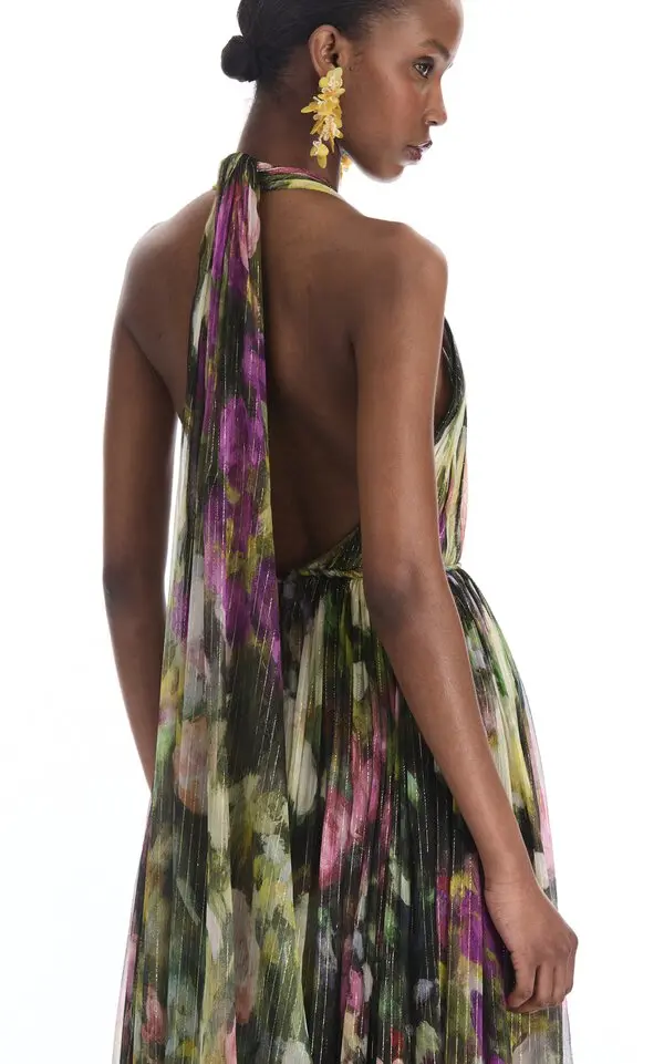 Oscar De La Renta Abstract Landscape Pleated Chiffon Gown