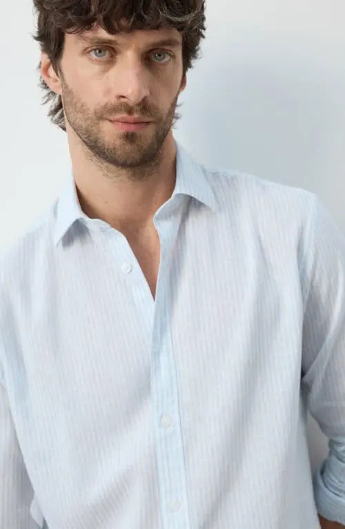 Mango Regular Fit Stripe Cotton & Linen Button-up Shirt - Sky Blue