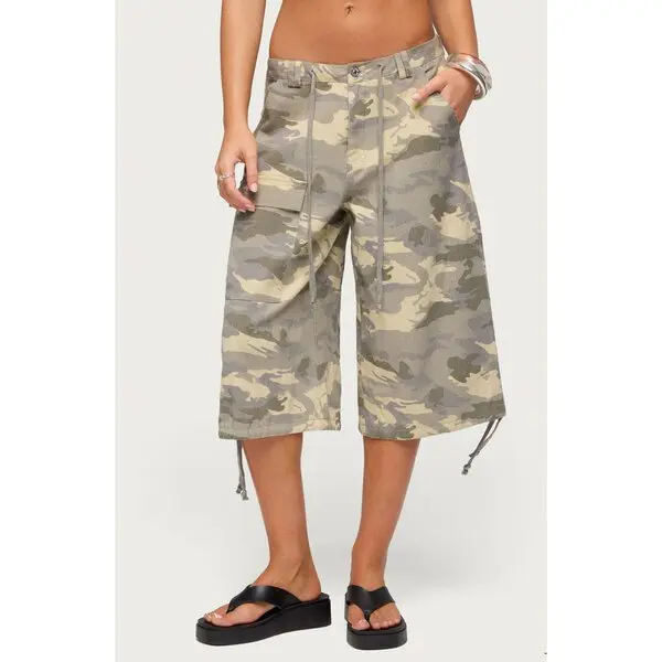 EDIKTED Camo Low Rise Cargo Bermuda Shorts - Gray