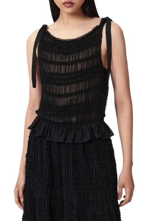 ALLSAINTS Lotus Sheer Shirred Tie Shoulder Peplum Top