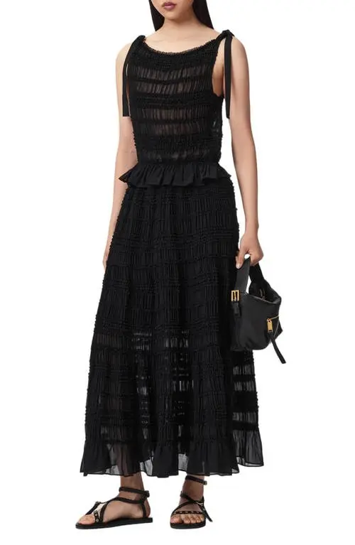 ALLSAINTS Lotus Sheer Shirred Tie Shoulder Peplum Top