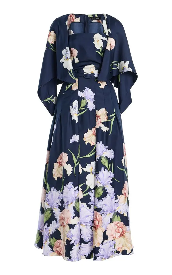 Oscar De La Renta Draped-sleeve Silk-twill Maxi Dress - Navy